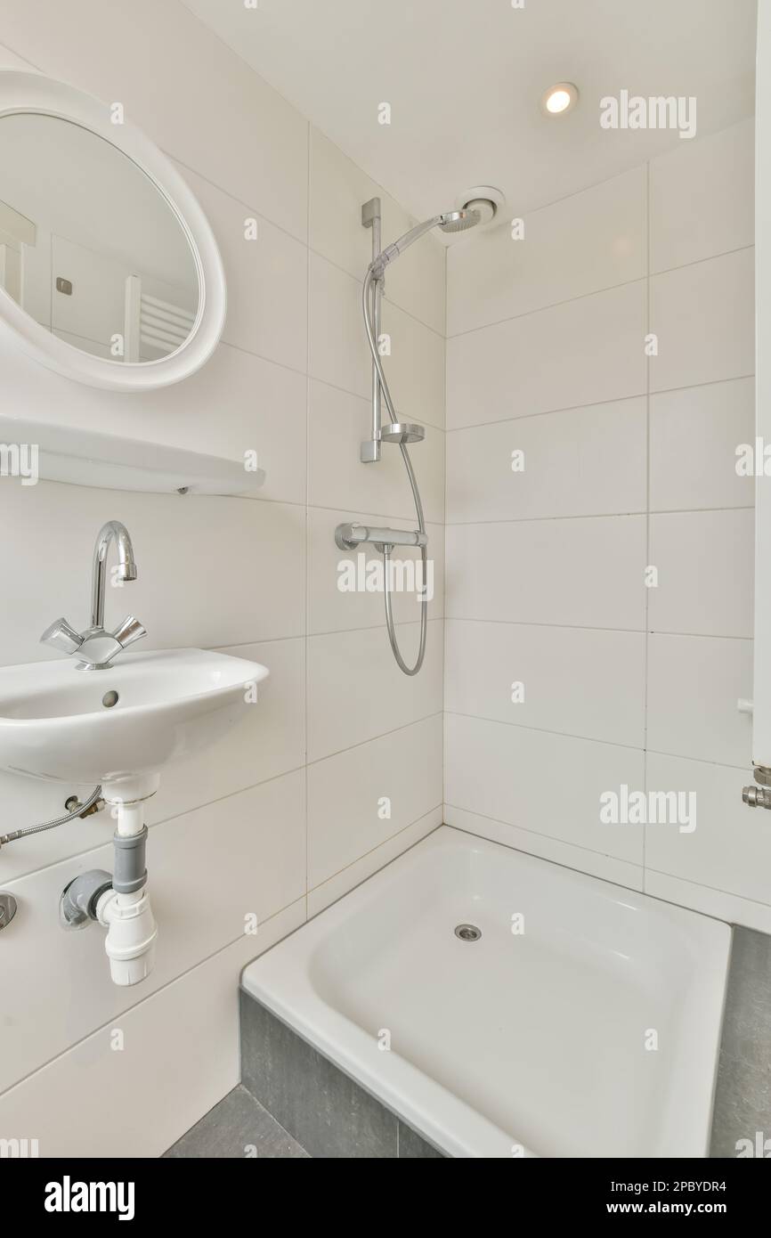 Interior of a sink with a shower near a sink and its mirror Stock Photo ...