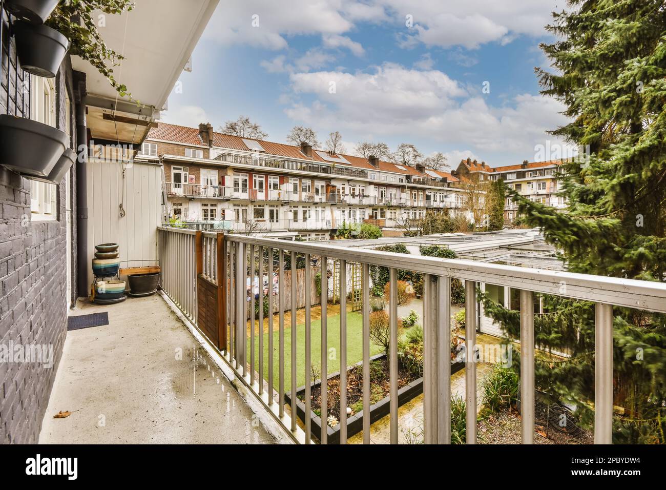 Exterior of old residential multistory building with triangle shaped ...