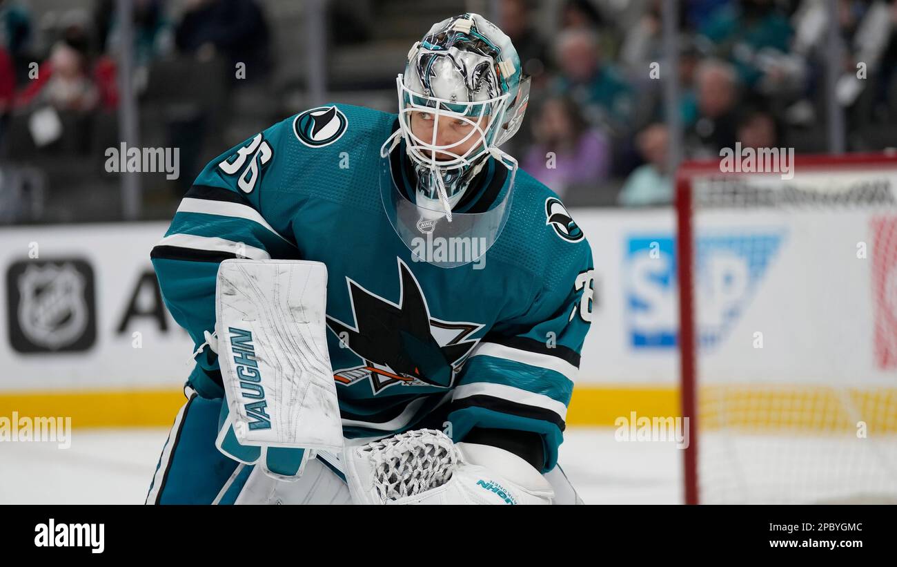 San Jose Sharks goaltender Kaapo Kahkonen during an NHL hockey game ...