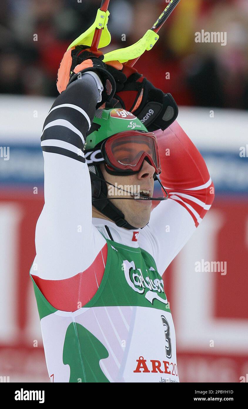Austria's Mario Matt celebrates after winning the gold medal in the Men ...