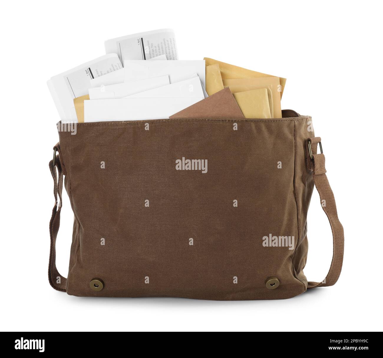 Brown postman bag with mails and newspapers on white background Stock ...