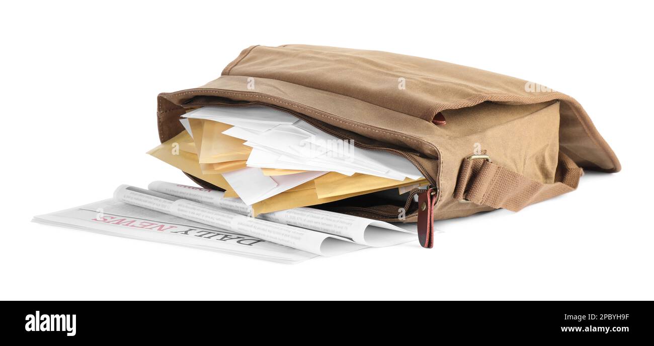 Brown postman bag with mails and newspapers on white background Stock ...