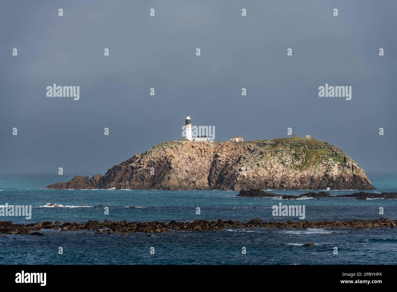 The lighthouse on Round Island, near Tresco in the Isles of Scilly ...