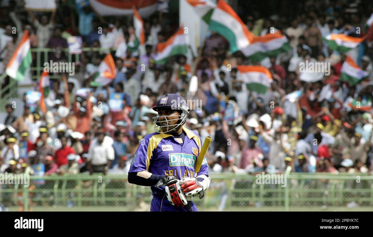 Sri Lankan cricketer Mahela Jayawardena leaves the ground after India's ...