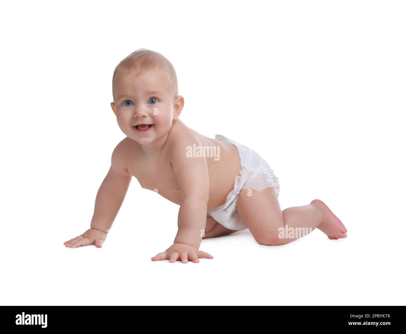 Cute baby in dry soft diaper crawling on white background Stock Photo ...