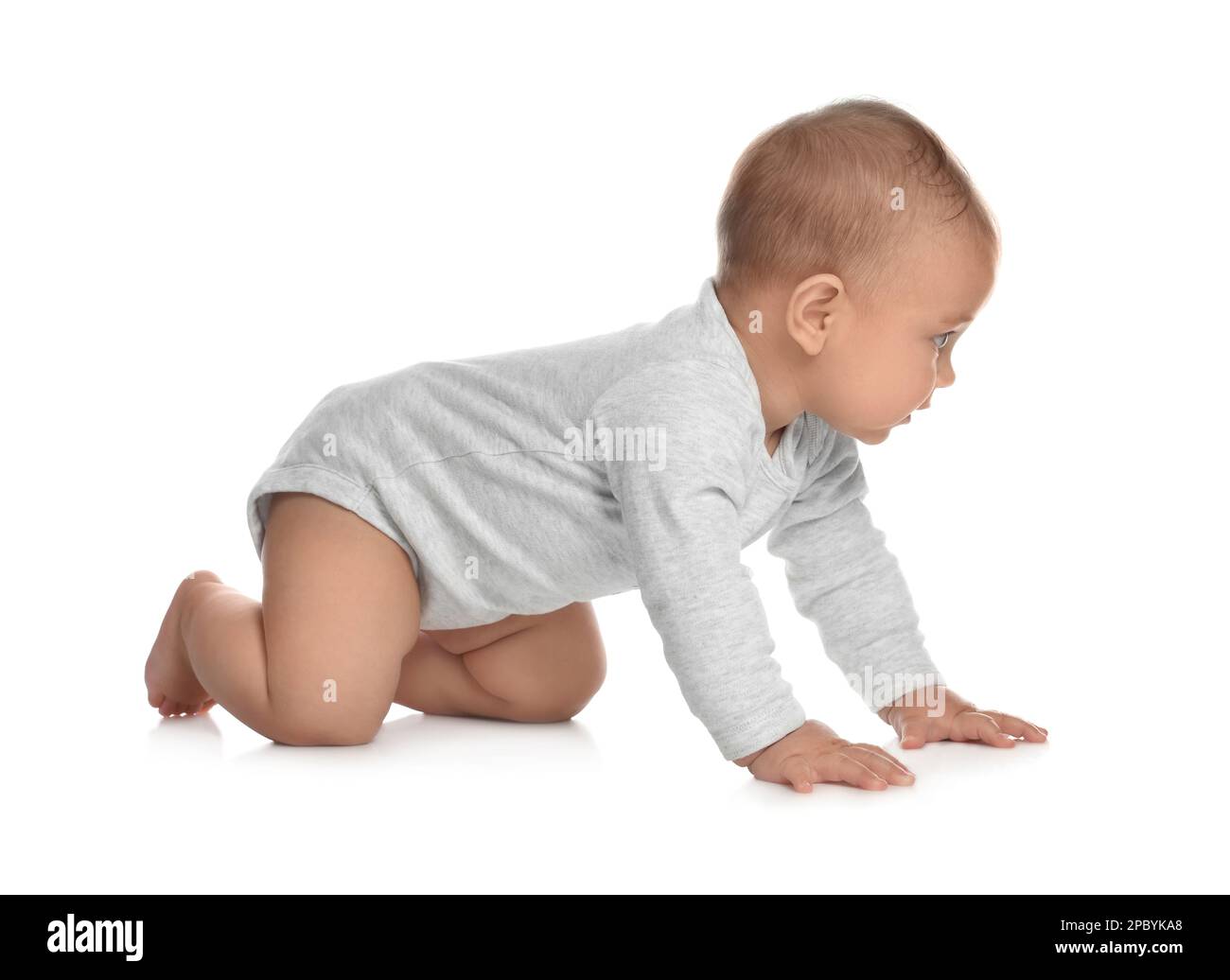 Cute little baby crawling on white background Stock Photo - Alamy