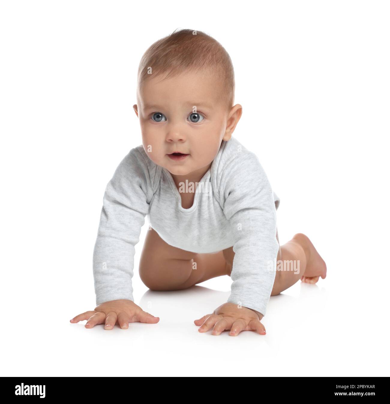 Cute little baby crawling on white background Stock Photo - Alamy