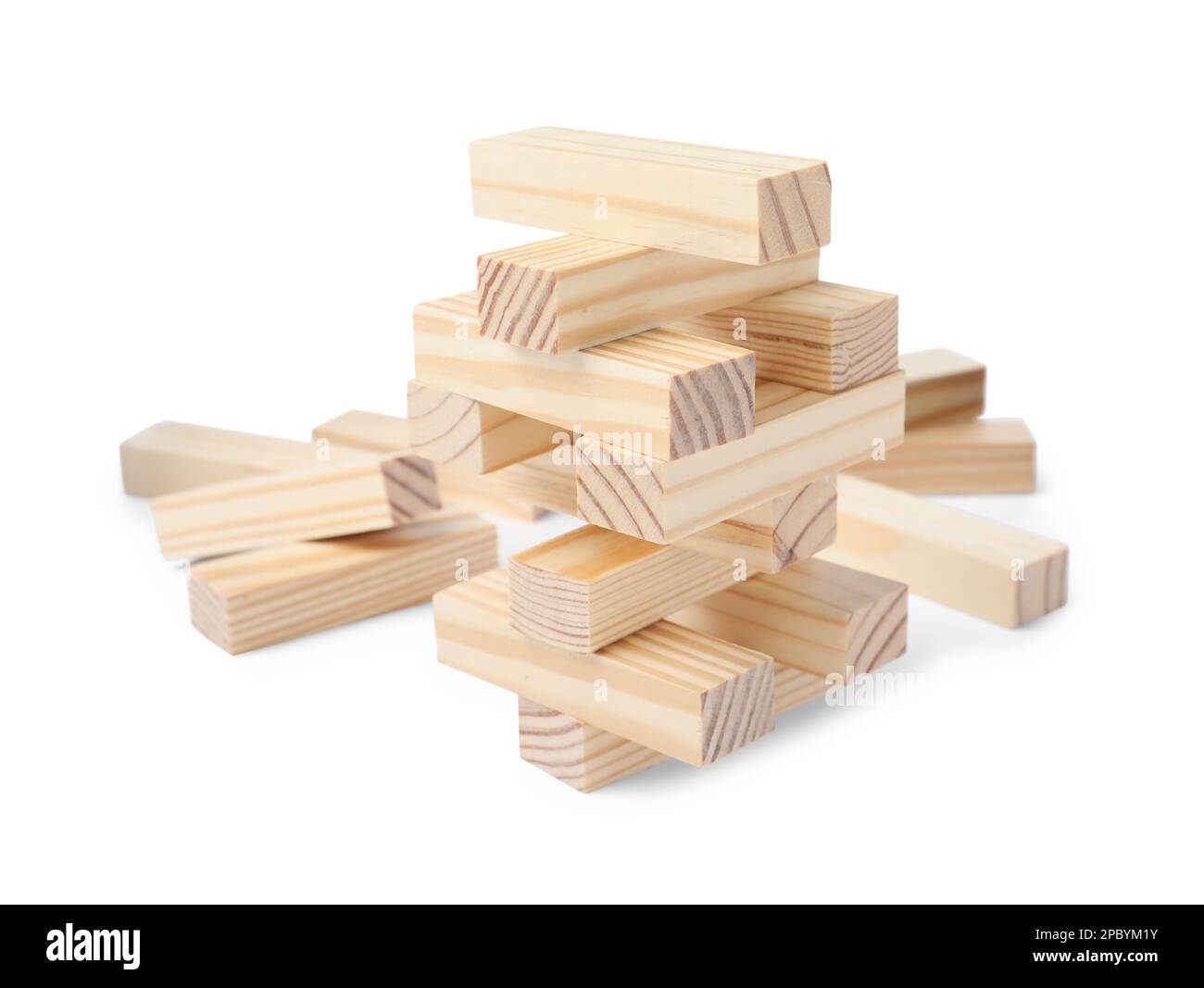 Jenga tower made of wooden blocks on white background Stock Photo - Alamy