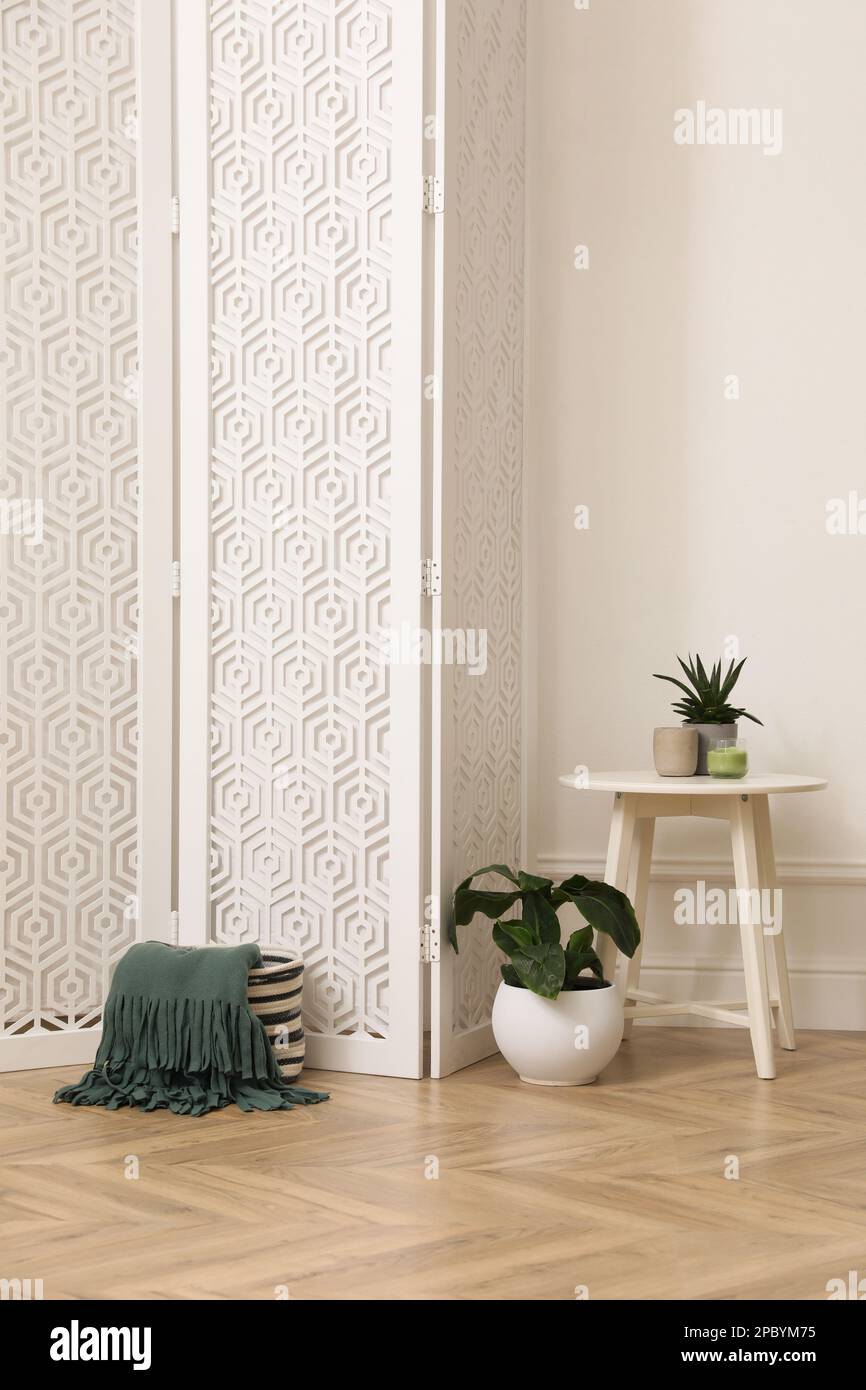 Folding screen and small table with houseplants near white wall in room ...