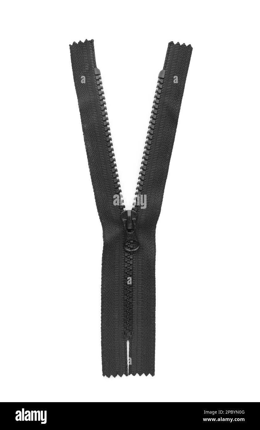 Black zipper isolated on white, top view Stock Photo - Alamy