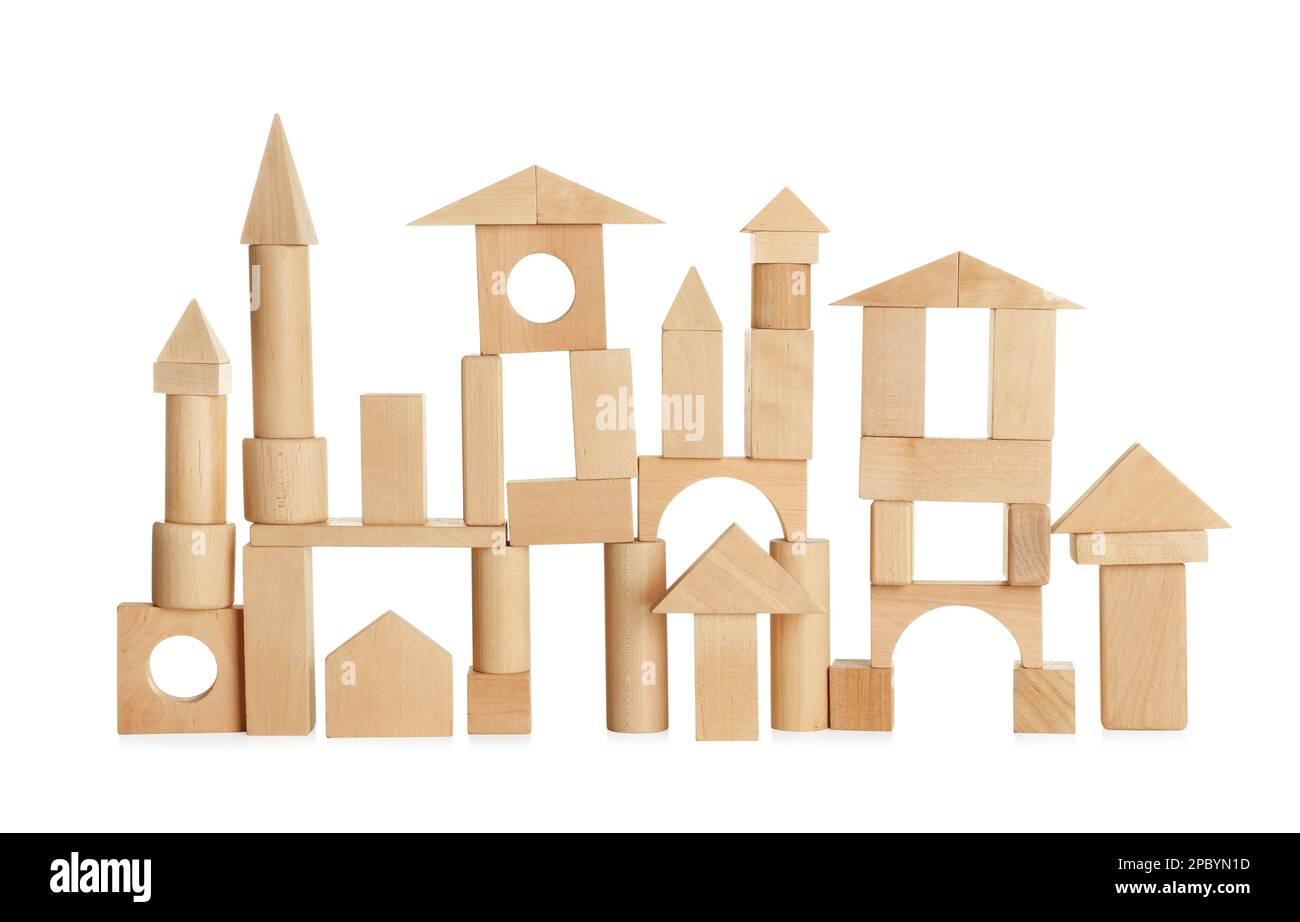Building made of wooden blocks on white background Stock Photo - Alamy