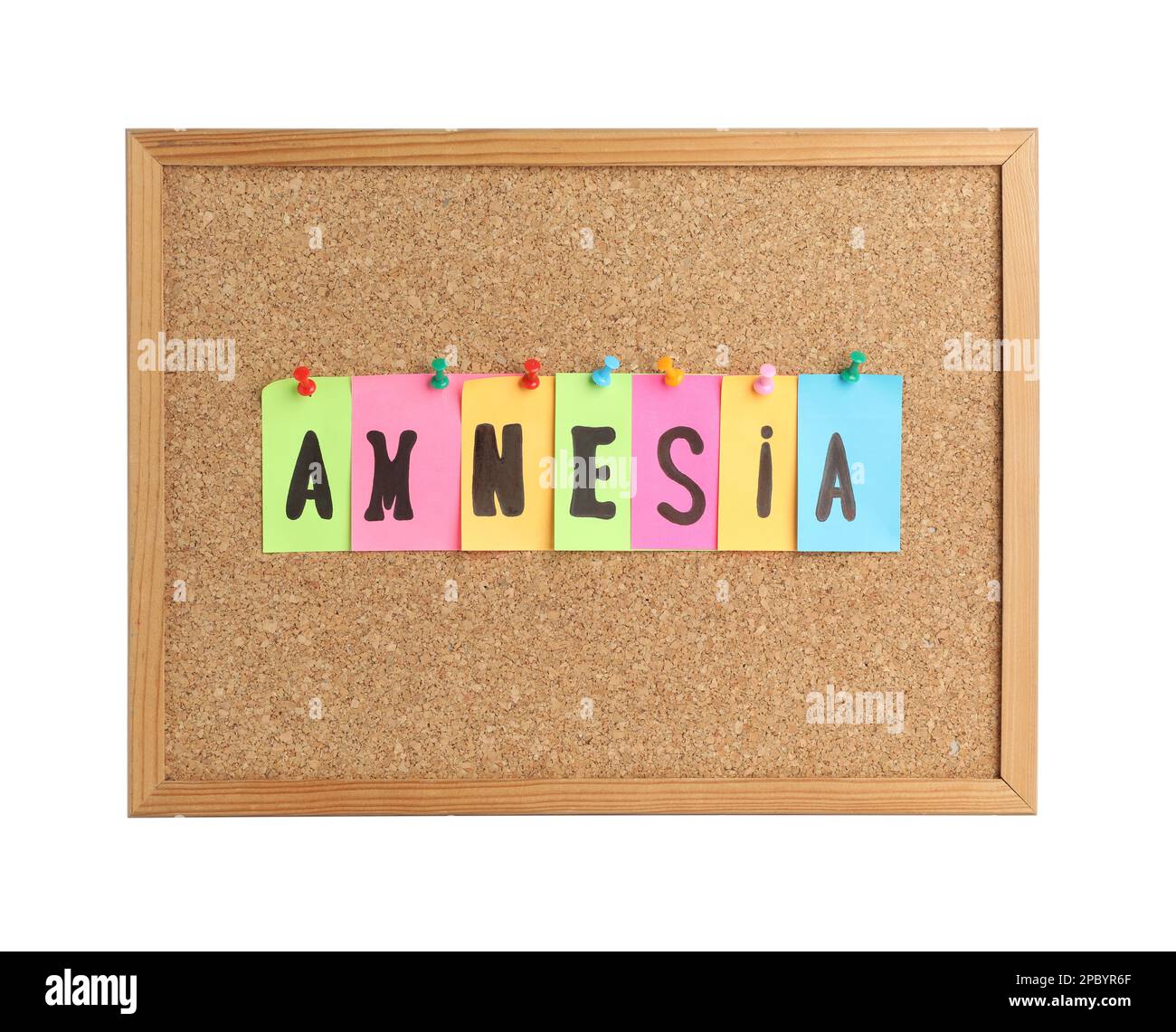 Cork board with word Amnesia made of colorful paper on white background ...