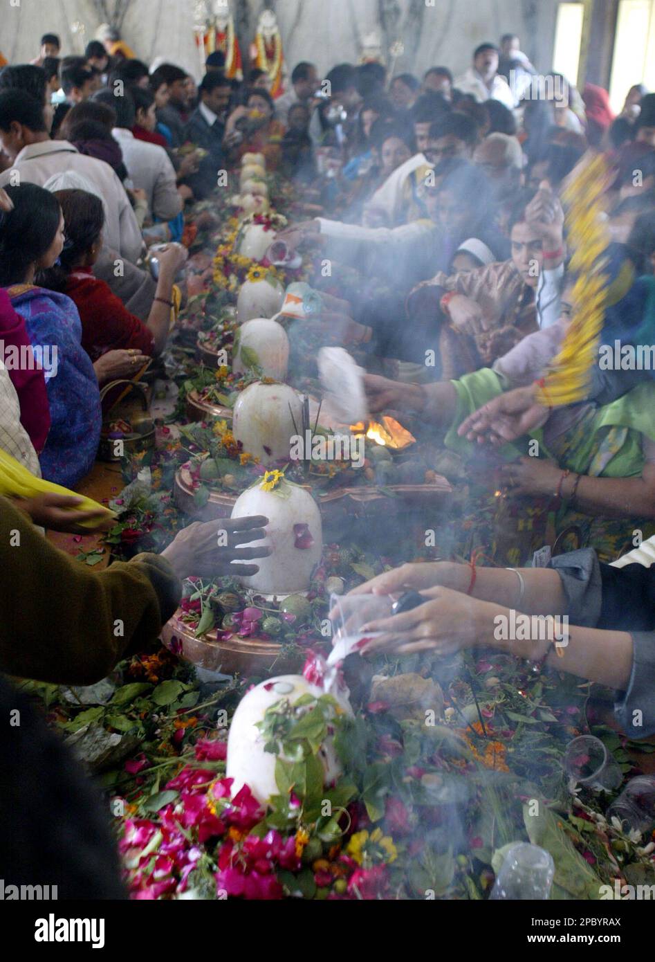 Hindu devotees perform rituals in front of a row of Shivlings, an idol ...