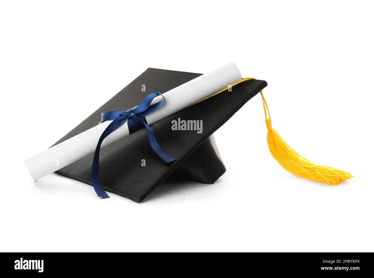 Graduation hat and diploma on white background Stock Photo - Alamy