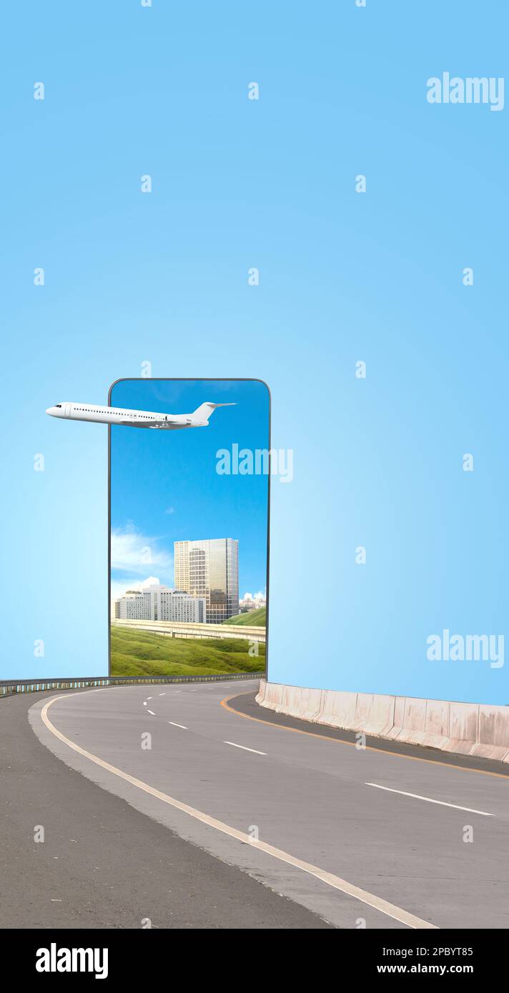 Asphalt road to the mobile screen with a view of green grass and ...
