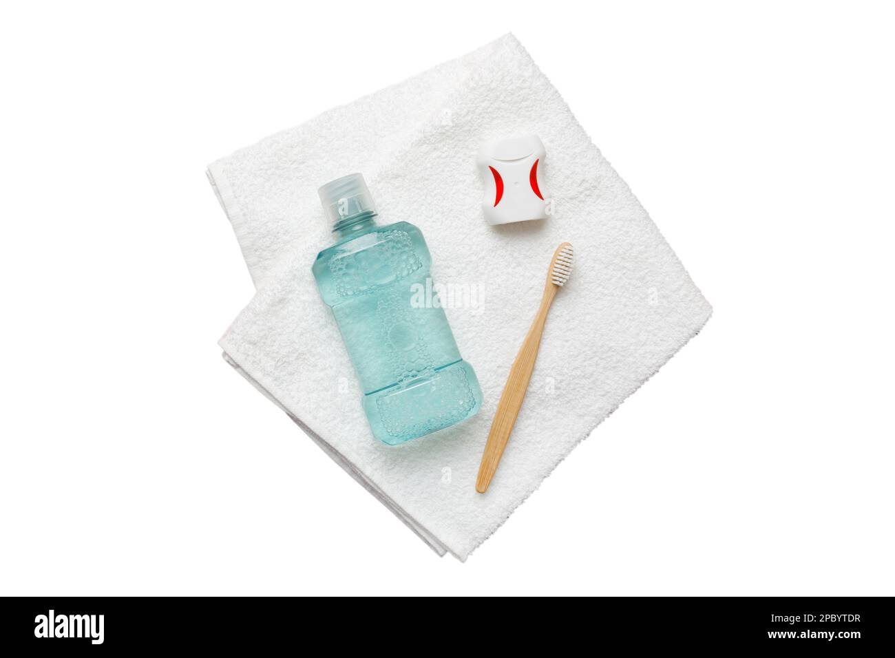 Mouthwash and other oral hygiene products isolated on white ...