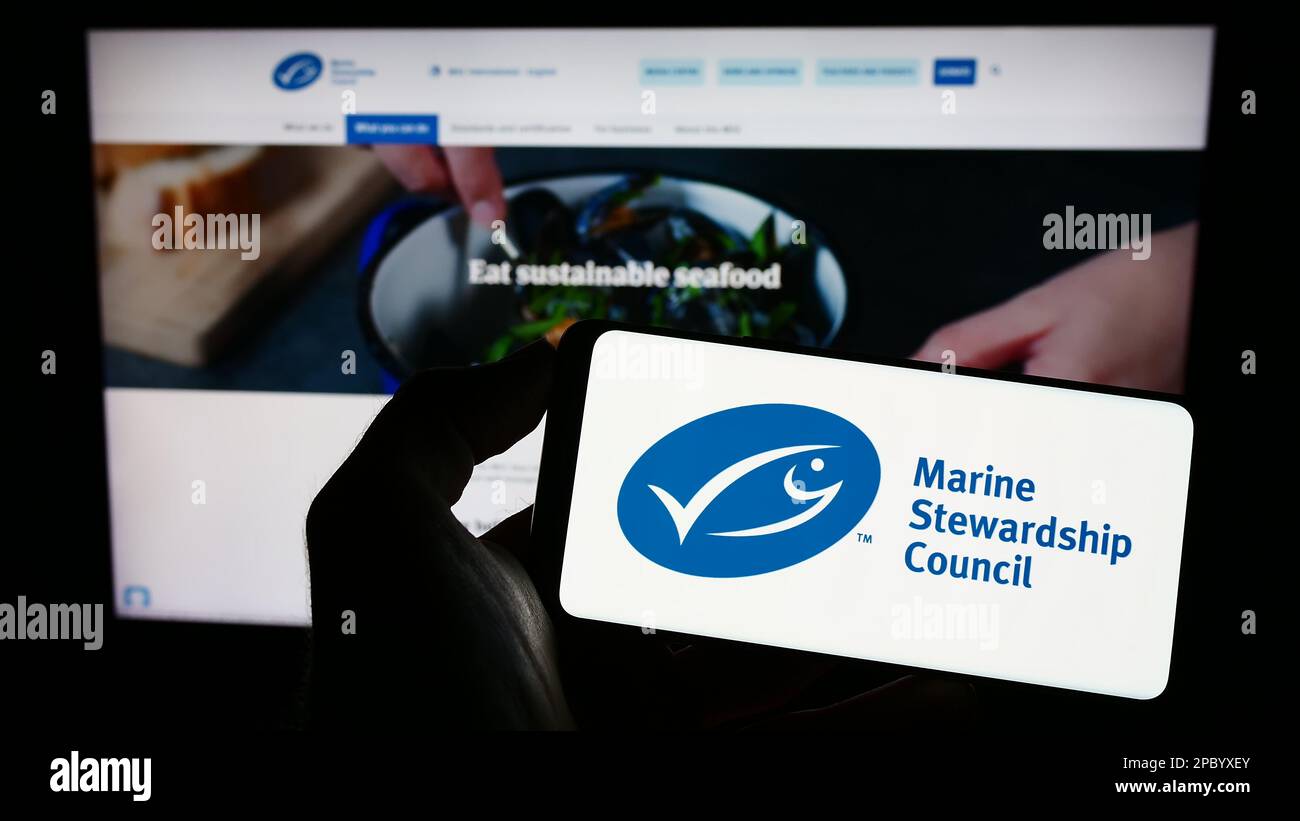 Person holding cellphone with logo of organization Marine Stewardship Council (MSC) on screen in ...