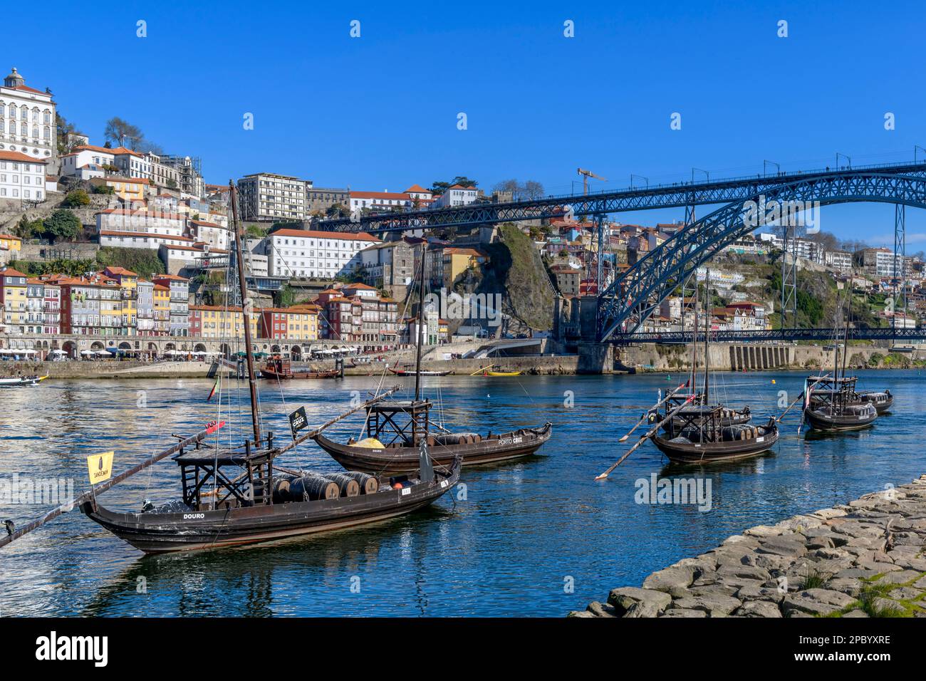 The beautiful old port of Porto with the Cais da Ribeira on the ...