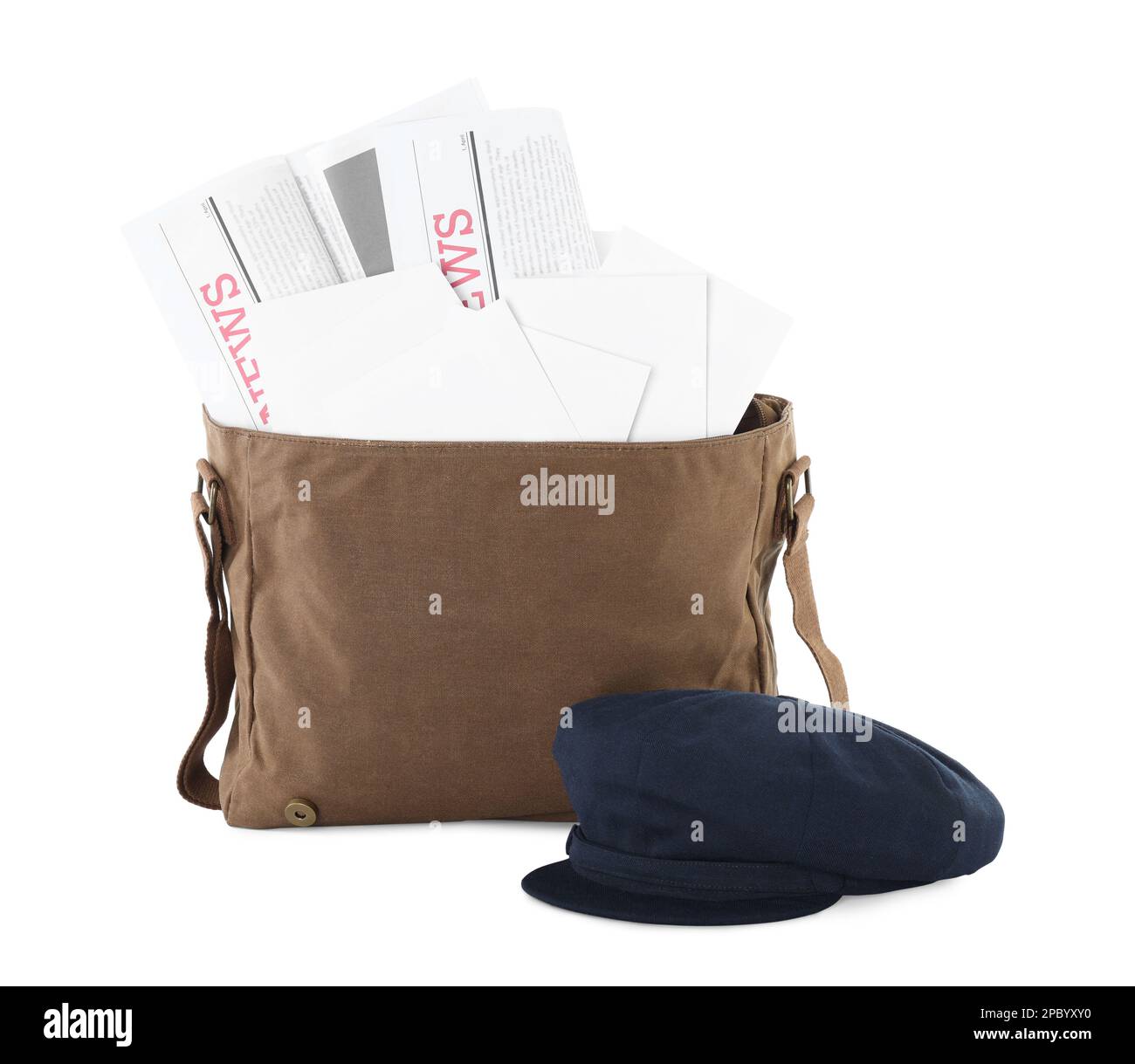 Brown postman bag with mails, newspapers and hat on white background ...