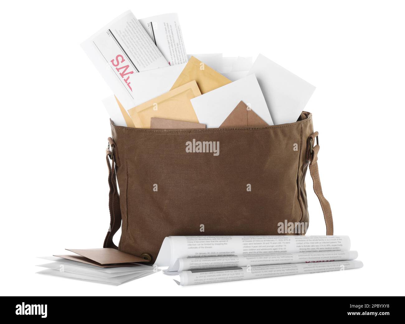 Brown postman bag with mails and newspapers on white background Stock ...