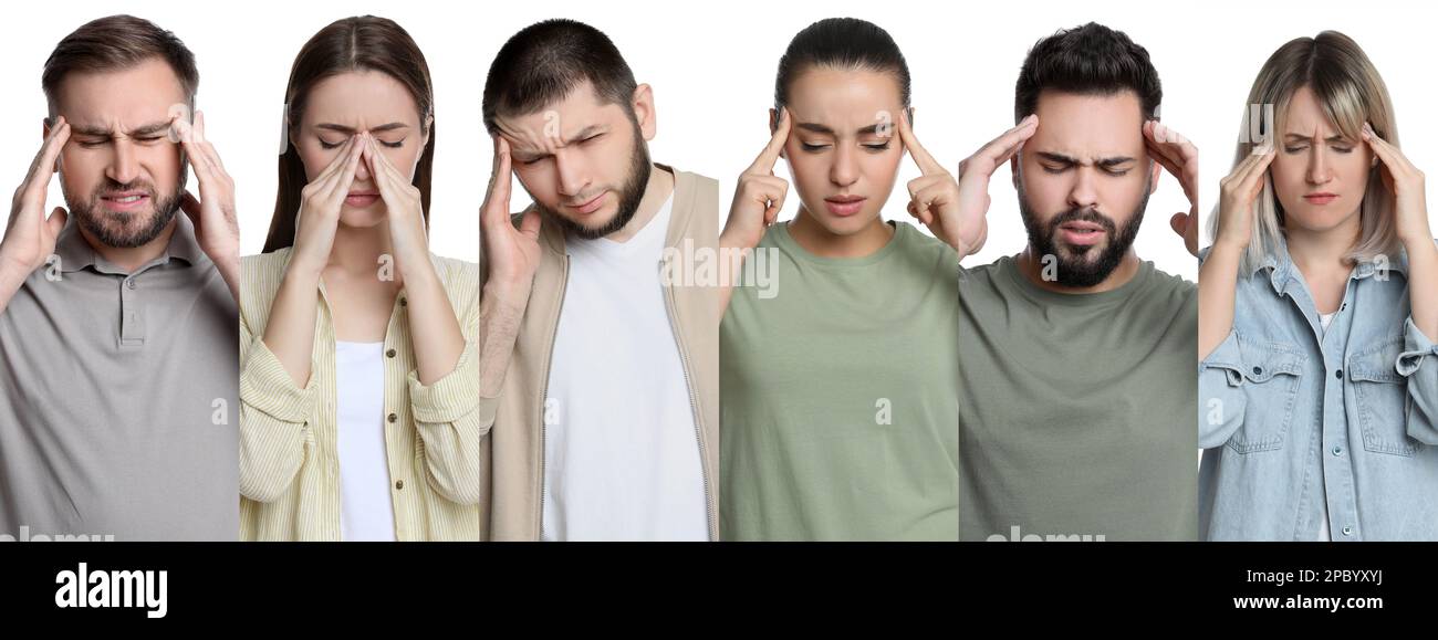Collage with photos of people suffering from headache on white ...