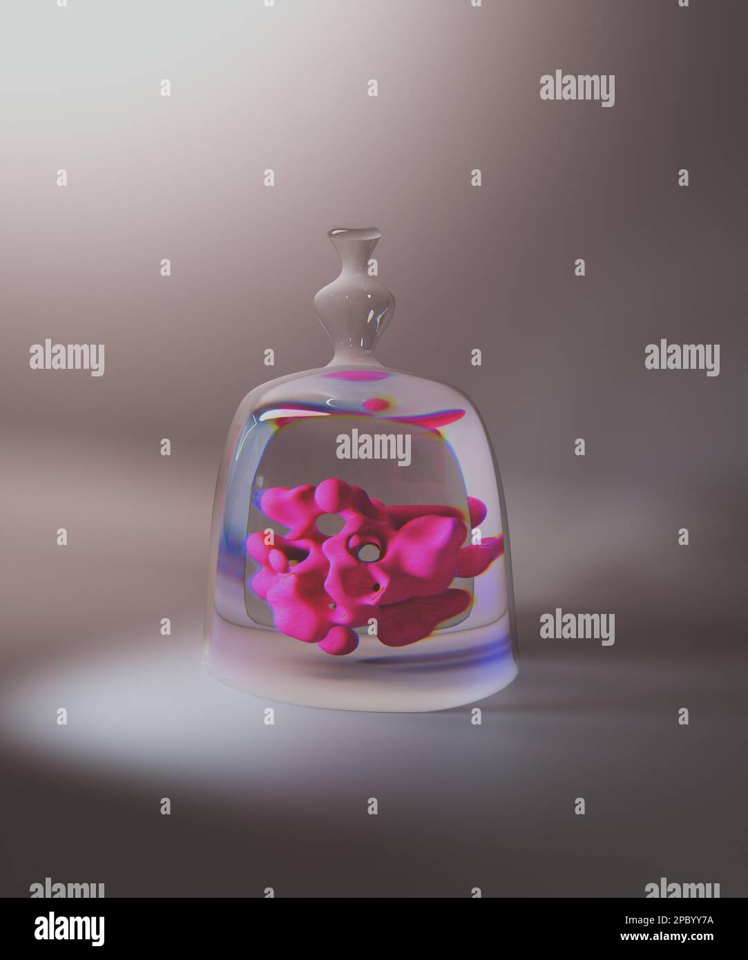 Macro cell of an organic shape and pink color under a glass hood. 3d ...