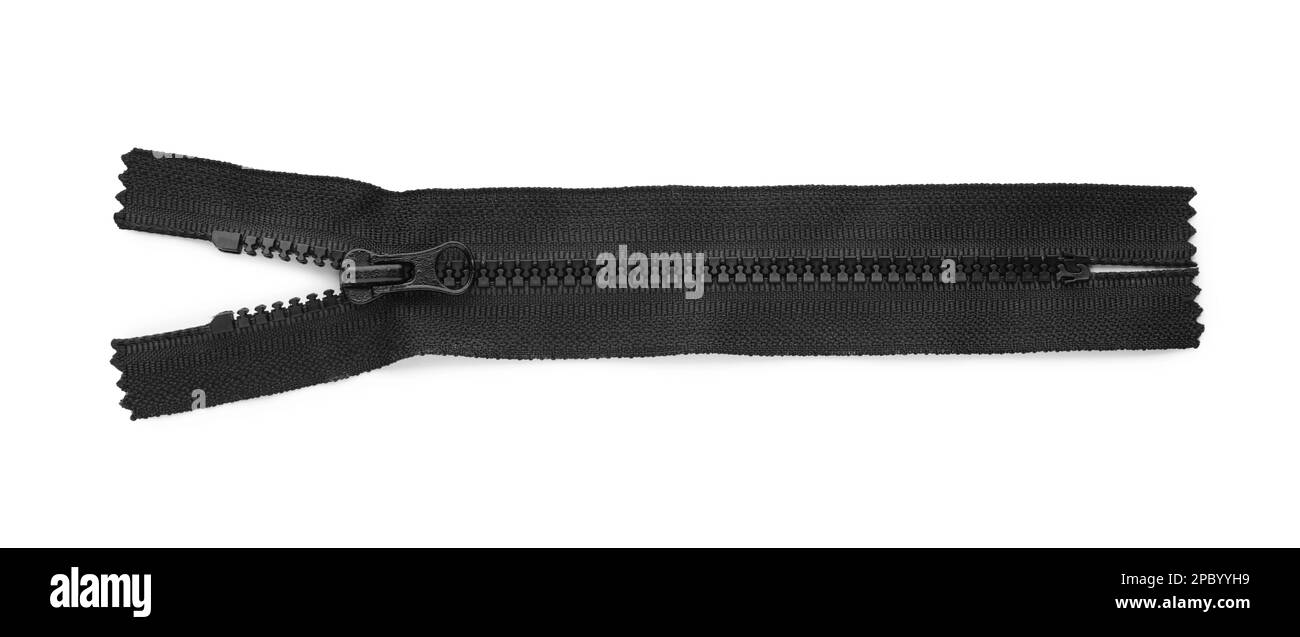 Black zipper isolated on white, top view Stock Photo - Alamy