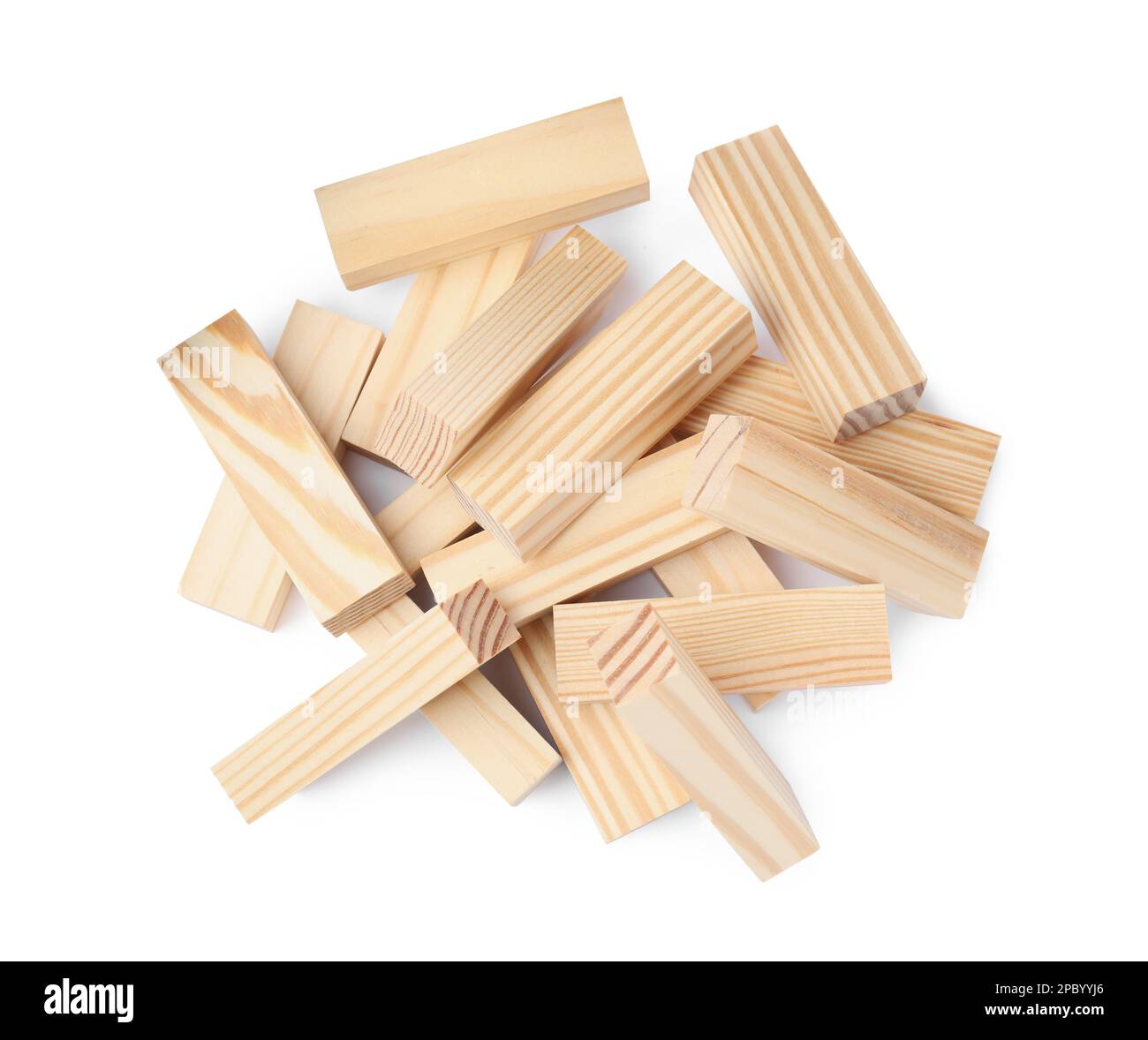 Pile of wooden blocks on white background, top view. Jenga game Stock ...