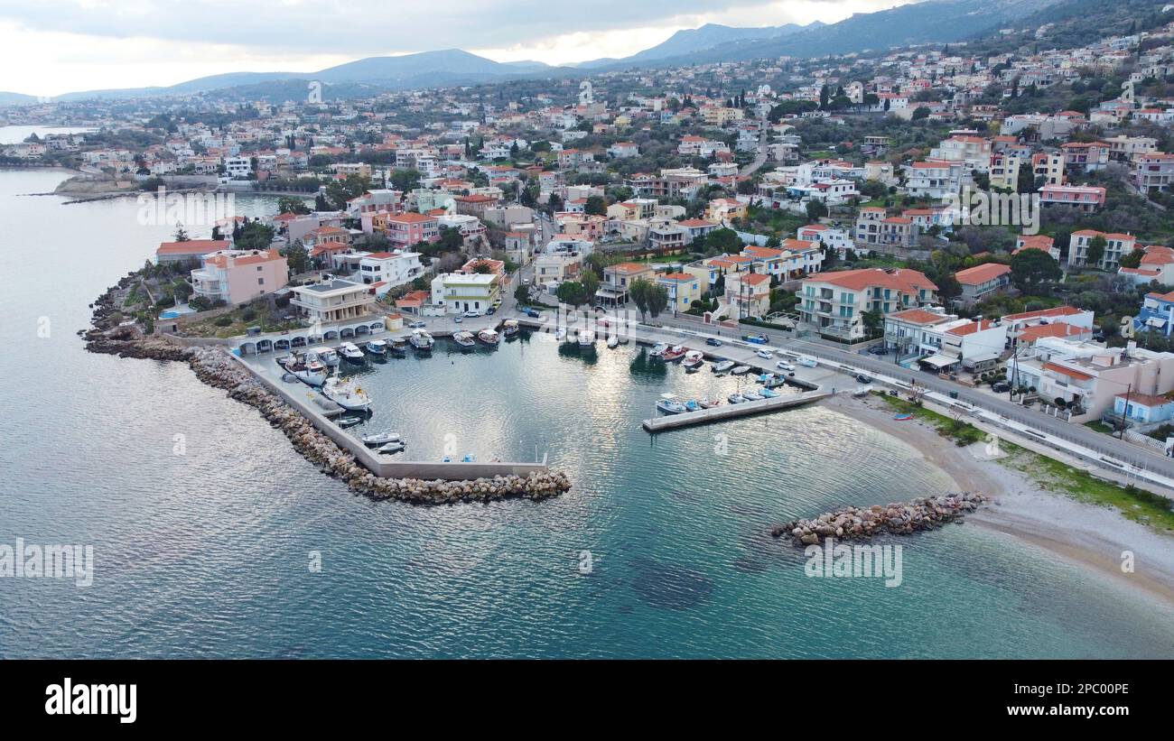 Aerial view of fishing boats in Daskalopetra Harbour, island of Chios ...