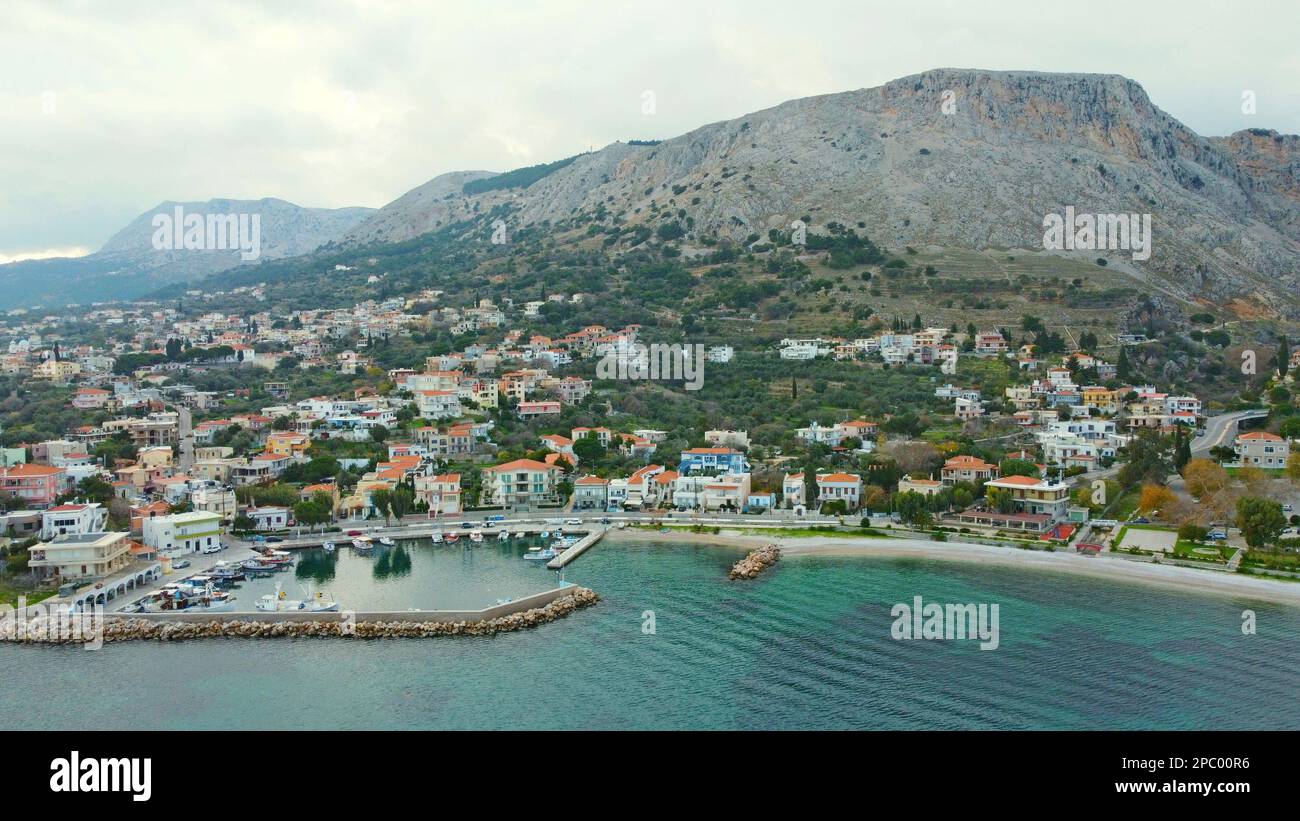 Aerial view of fishing boats in Daskalopetra Harbour, island of Chios ...