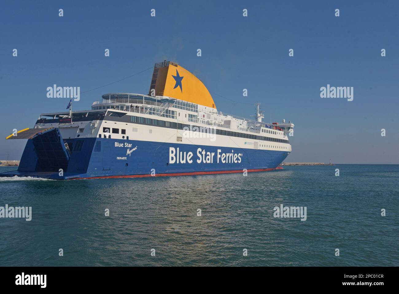 The Blue Star Myconos ferry leaving the Greek island port of Chios ...