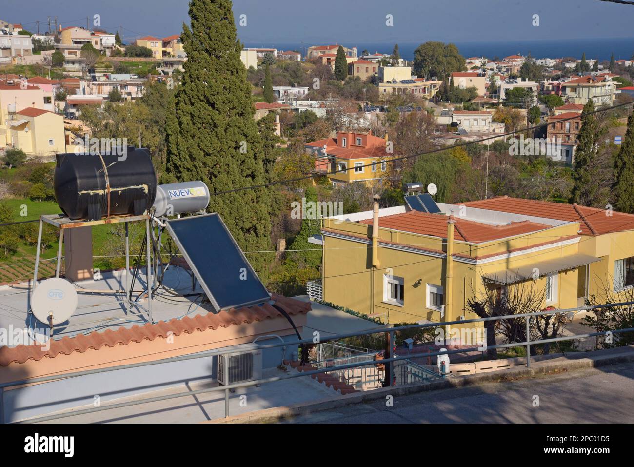 Solar water heating units on rooftops in Vrontados, Chios, Greece Stock ...