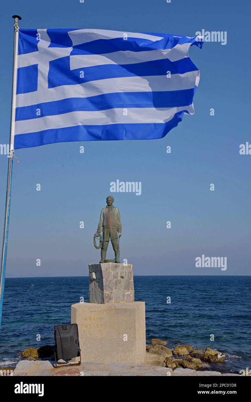 Afanis Naftis (unsung sailor) monument, with Greek flag flying overhead ...