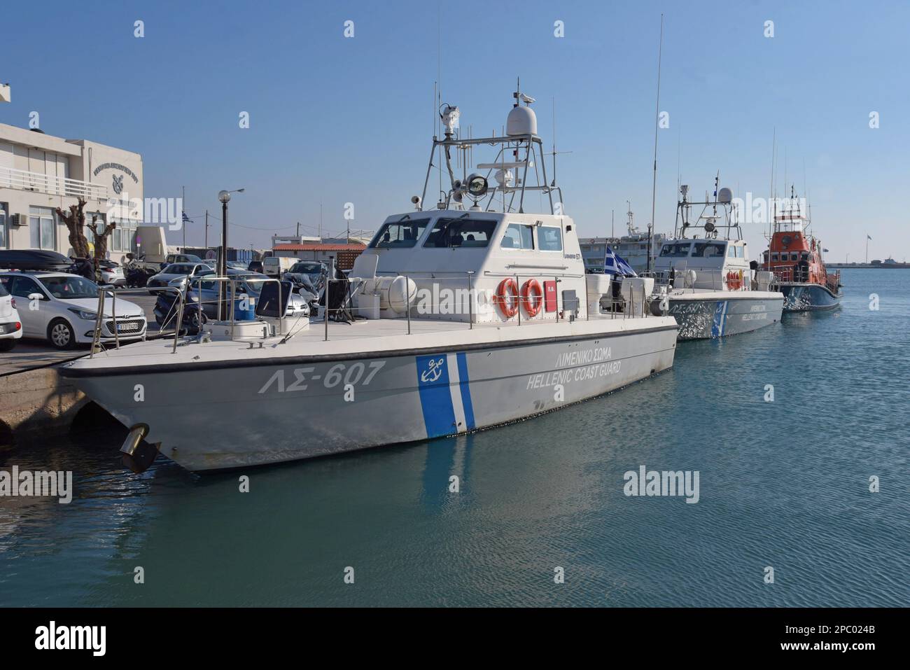 Greek coastguard boats in the harbour on the island of Chios, Greece ...