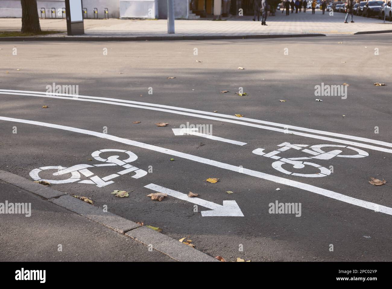 Two way bicycle lane with white signs on asphalt Stock Photo - Alamy