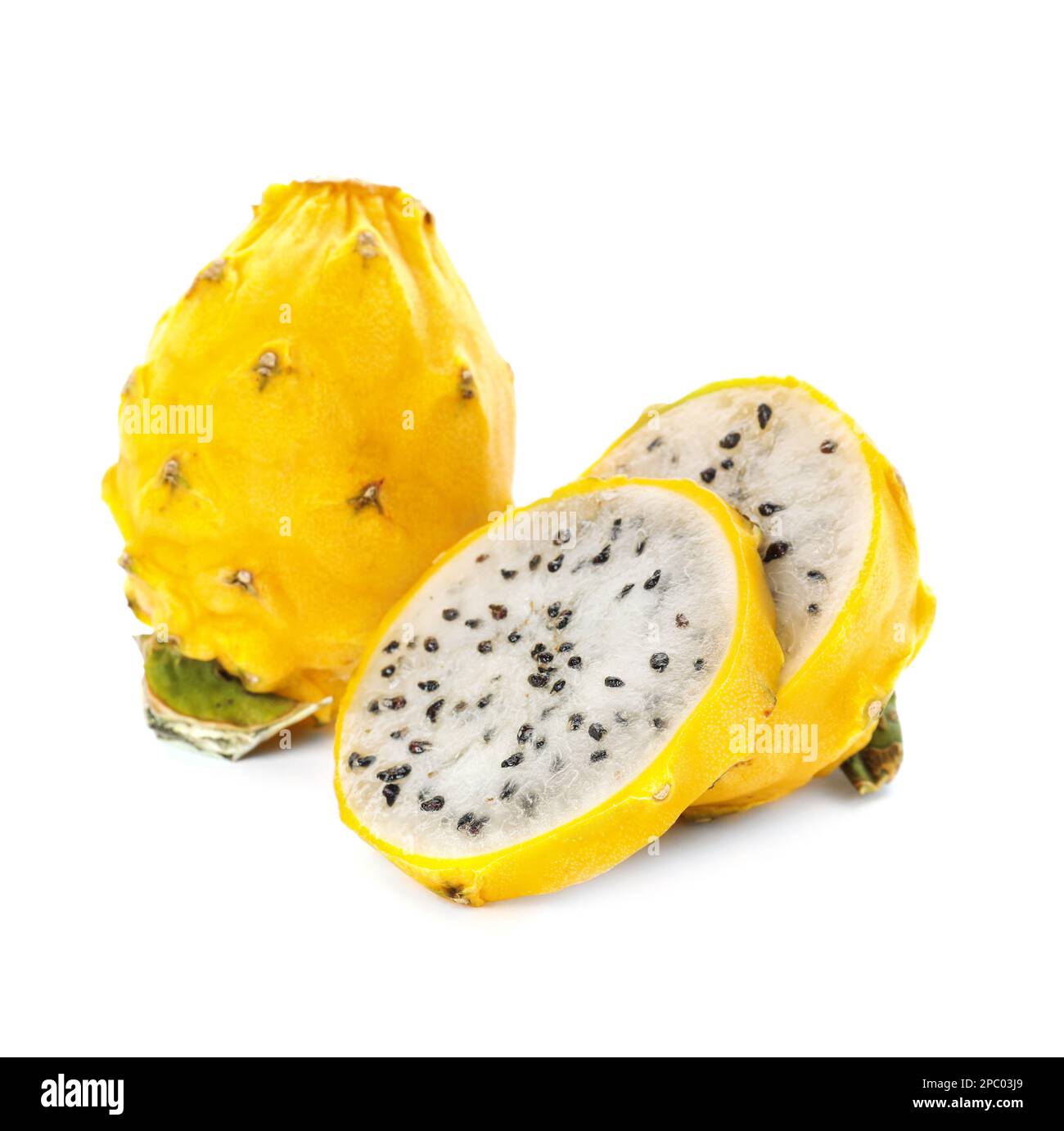 Delicious cut and whole yellow pitahaya fruits on white background ...