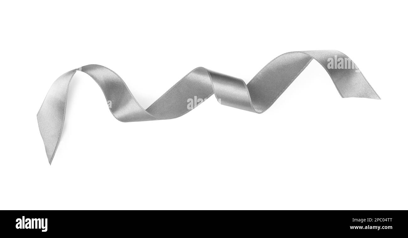 Silver satin ribbon on white background, top view Stock Photo - Alamy