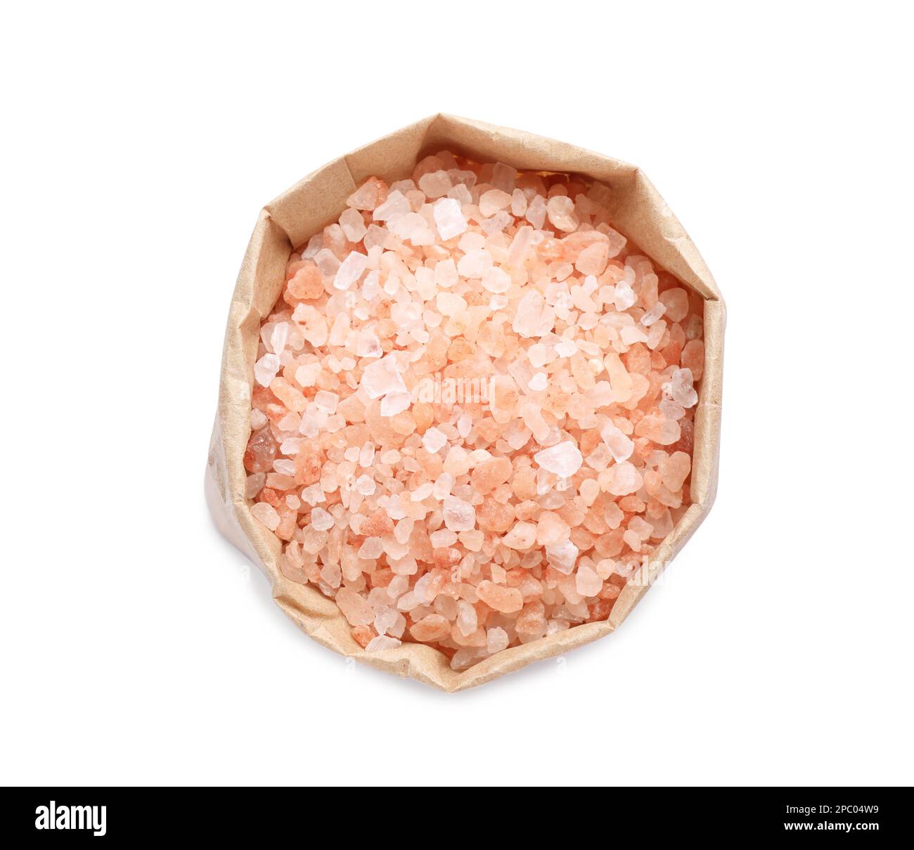 Pink Himalayan salt in paper bag isolated on white, top view Stock ...