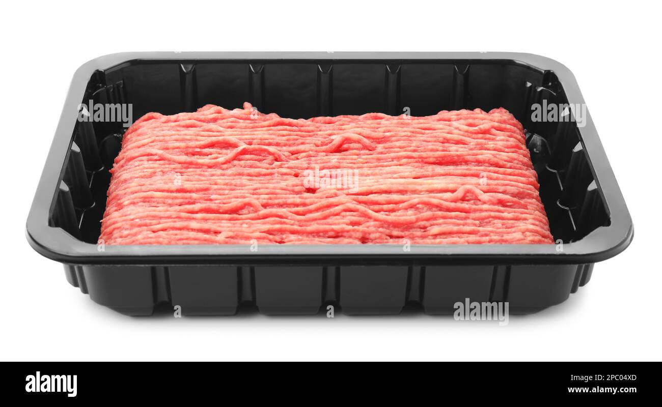 Plastic container with minced meat isolated on white Stock Photo - Alamy