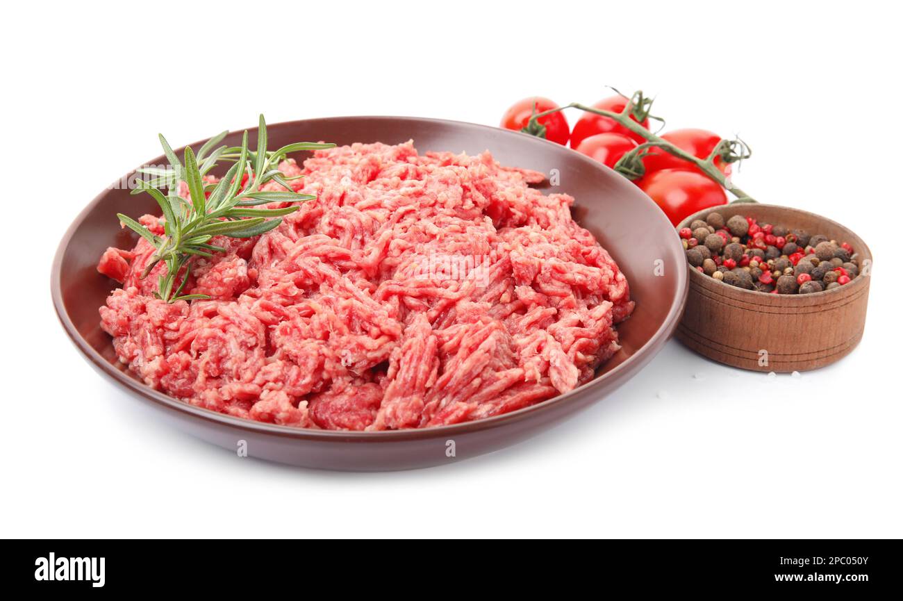 Fresh minced meat and other ingredients on white background Stock Photo ...