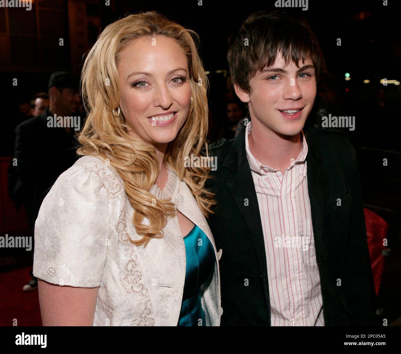Virginia Madsen, left, and Logan Lerman pose together at the premiere ...
