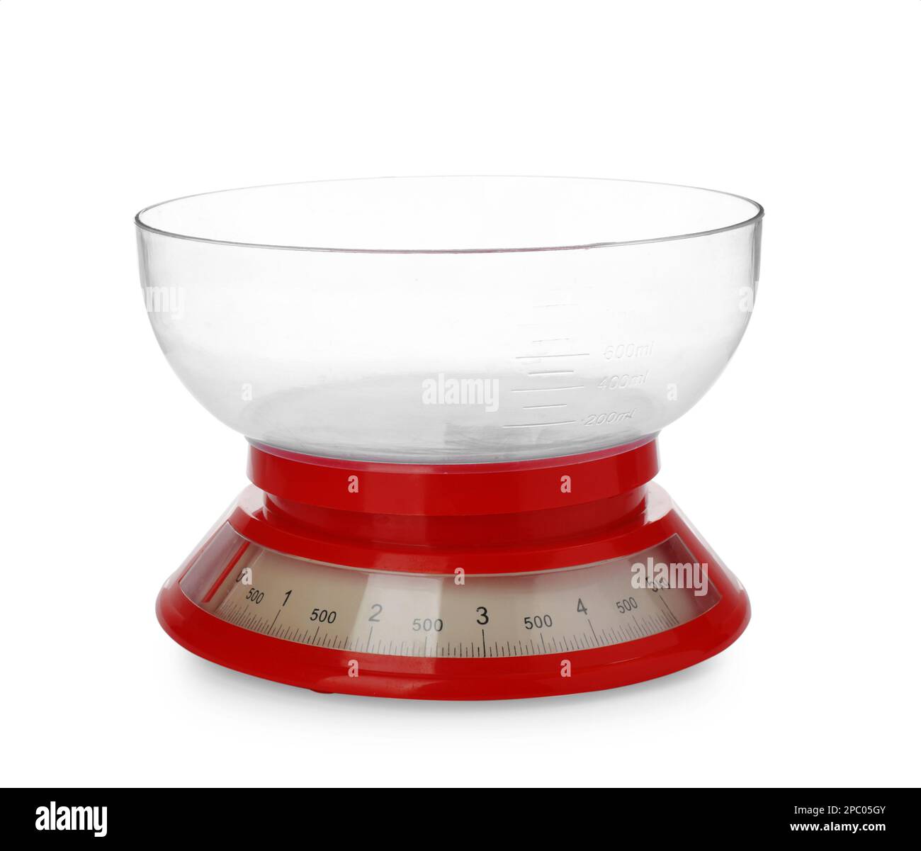 Kitchen scale with plastic bowl isolated on white Stock Photo - Alamy