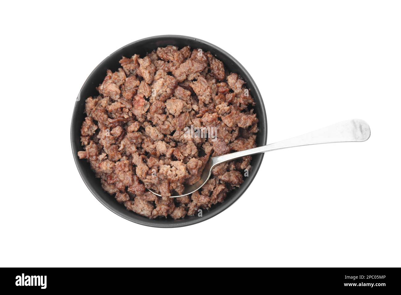 Bowl with fried minced meat isolated on white, top view Stock Photo - Alamy
