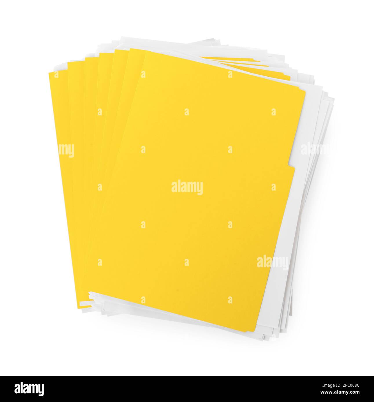Stack of yellow files with documents on white background, top view ...
