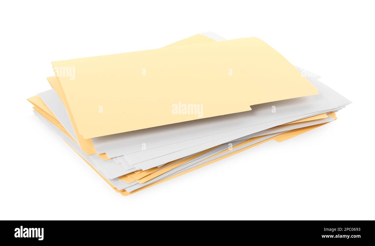 Stack of yellow files with documents on white background Stock Photo ...