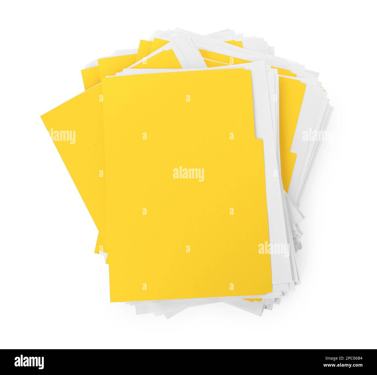 Stack of yellow files with documents on white background, top view ...