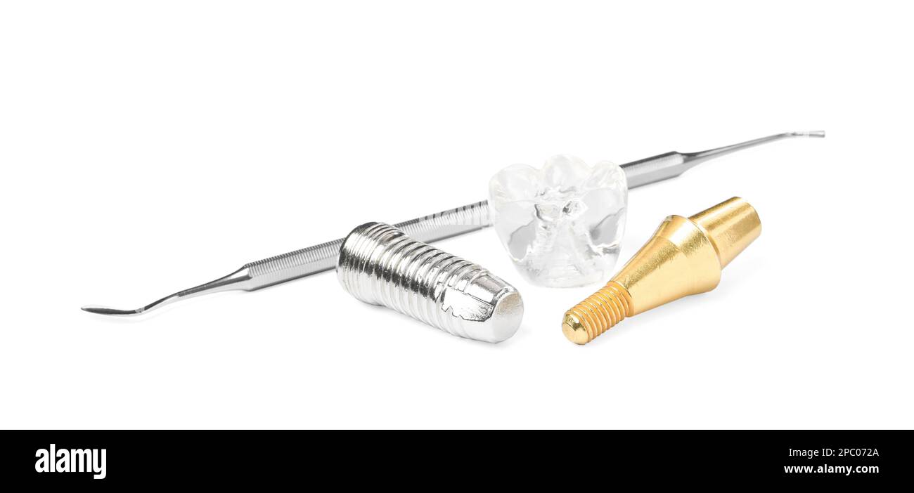 Parts of dental implant and medical tool on white background Stock ...