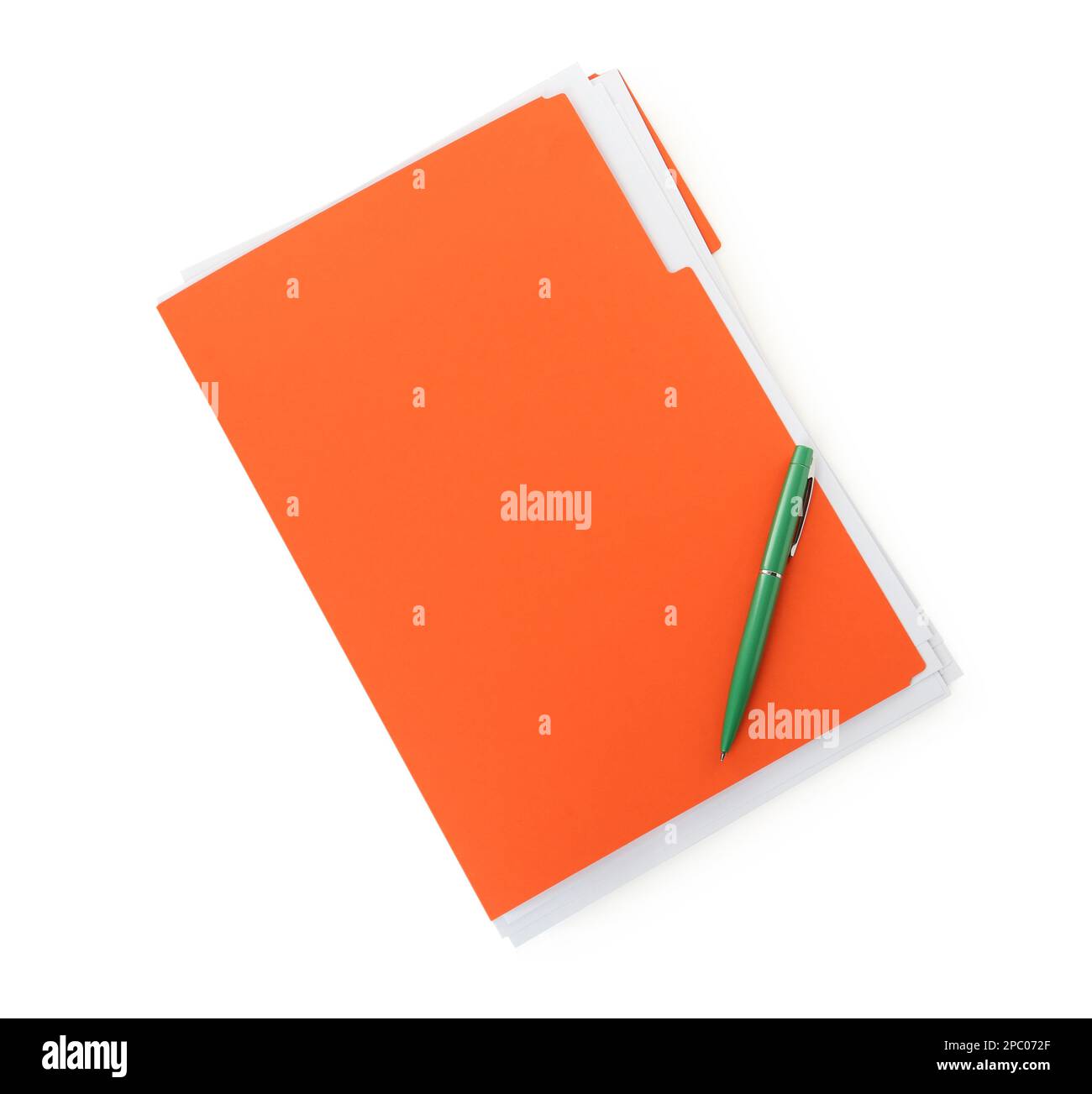 Orange file with documents and green pen isolated on white, top view ...
