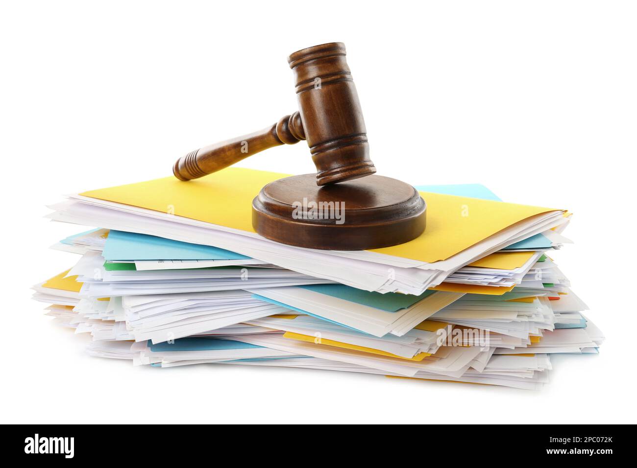 Stack of different files with documents and gavel on white background ...