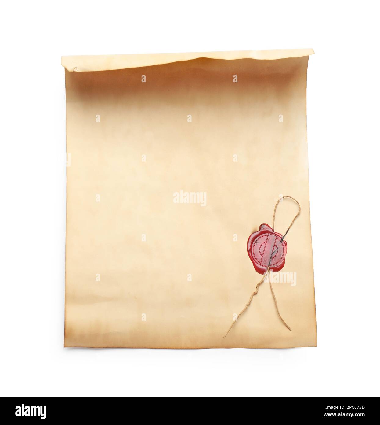 Sheet of old parchment paper with wax stamp isolated on white, top view ...